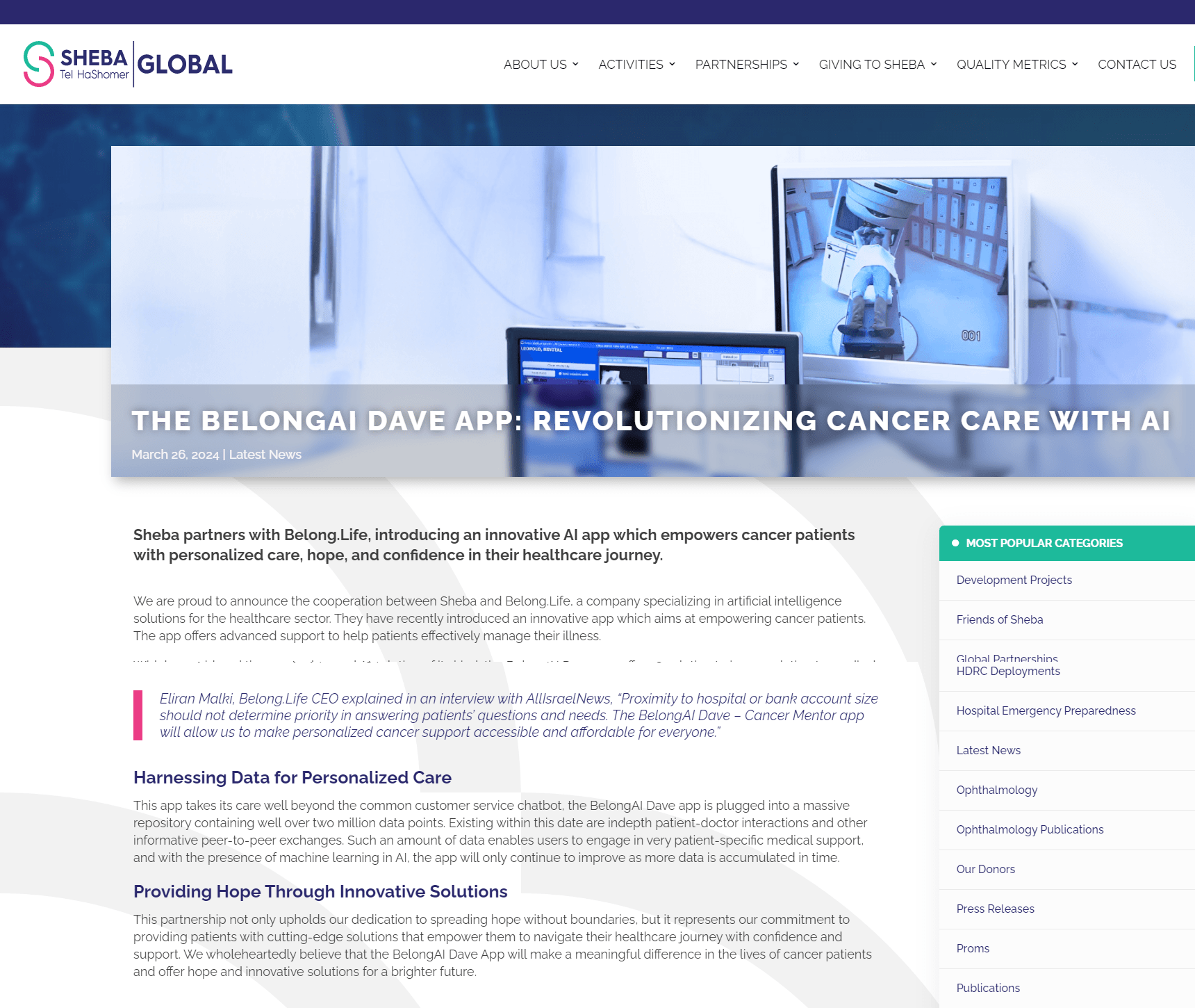 Sheba Medical Center Partners with Belong.Life - Belong.Life